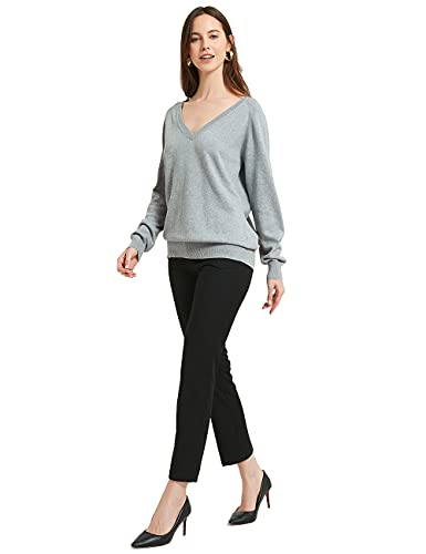 Kallspin Women's Cotton Pullover Sweater Relax Fit V Neck Long Sleeve Basic Fashion Knit Jumper (Large, Light Grey)