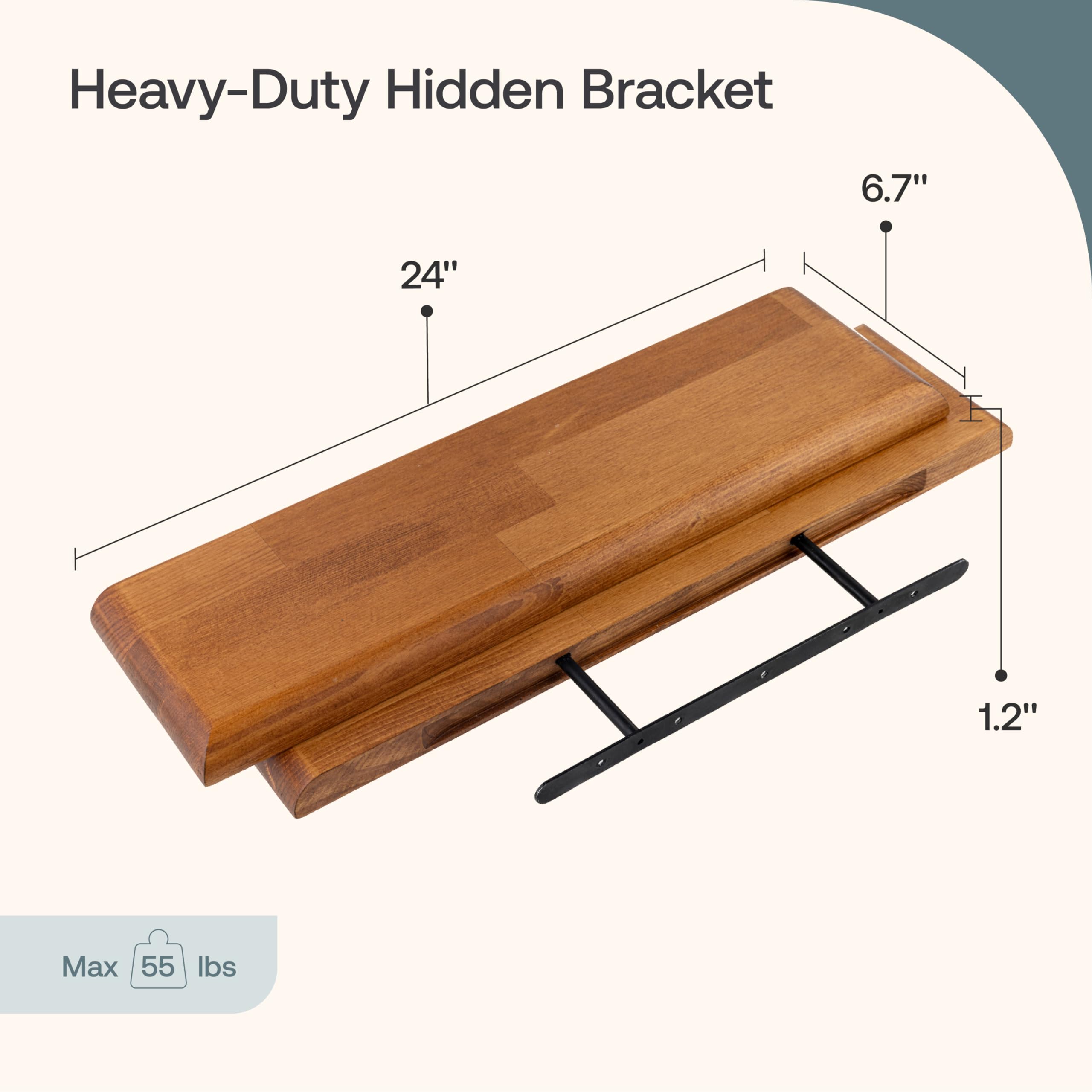 Floating Shelves for Wall - Solid Pine Wood Wall Shelf - Bathroom Shelves - Wall Shelves for Bedroom Living Room - Floating Shelf for Wall Mounted Shelves -24x6.7x1.2 inch- Set of 2 (Walnut Color)