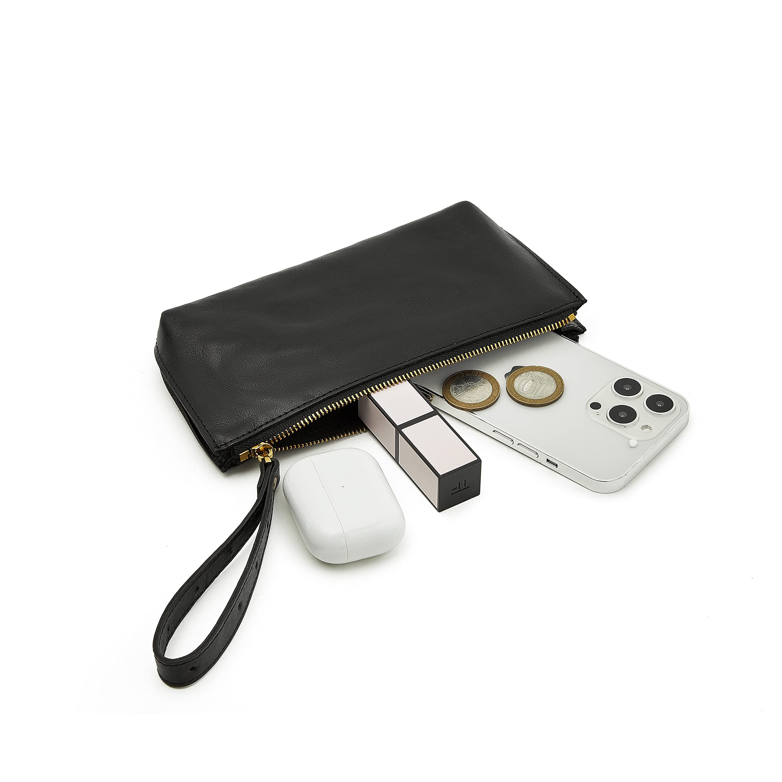 DORIS&JACKY Designer Leather Wristlet Clutch Purse For Women Small Corner Zip Wallet With Wrist Strap (1-black)