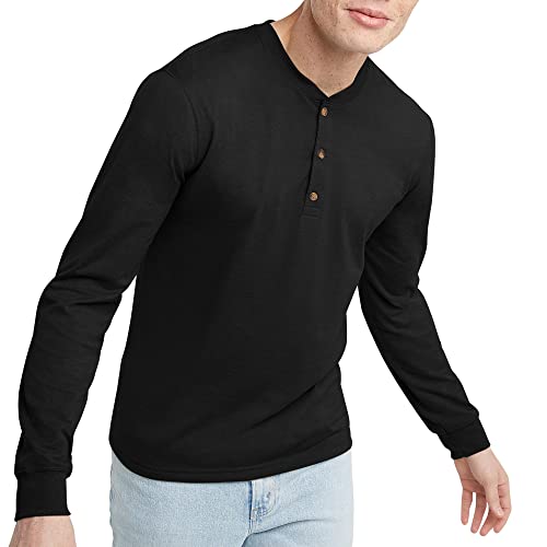 Hanes Originals T-Shirt, Long Sleeve Cotton Henley Tees for Men, Black, X Large