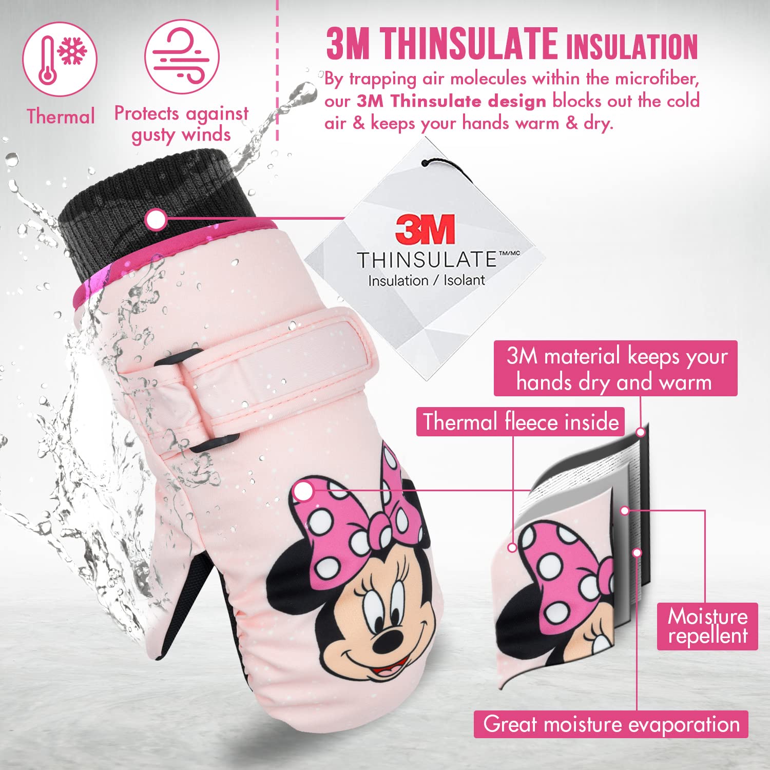 DISNEY Minnie Mouse Toddler Mittens Ages 2-4, Waterproof Toddler Gloves, Kids Snow Mittens, 3M Thinsulate Gloves Ski Mittens