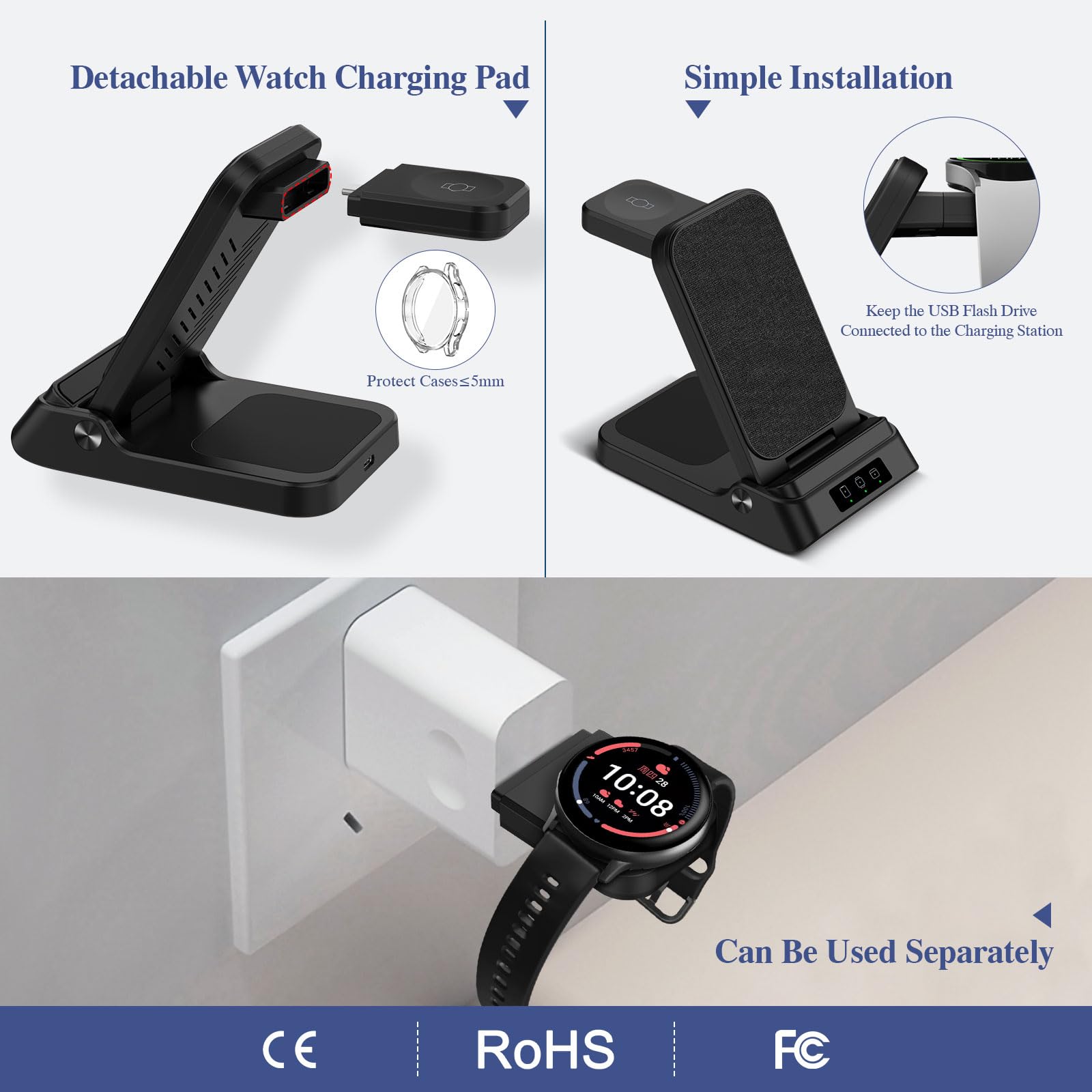 Charging Station for Samsung Wireless Charging 3 in 1: Wireless Charger for Samsung Galaxy S24/S23/S22/S21/S20/S10, Watch 5/4/3/Active2/1, Galaxy Buds/Buds+/Pro/Live/2, 18W Adapter