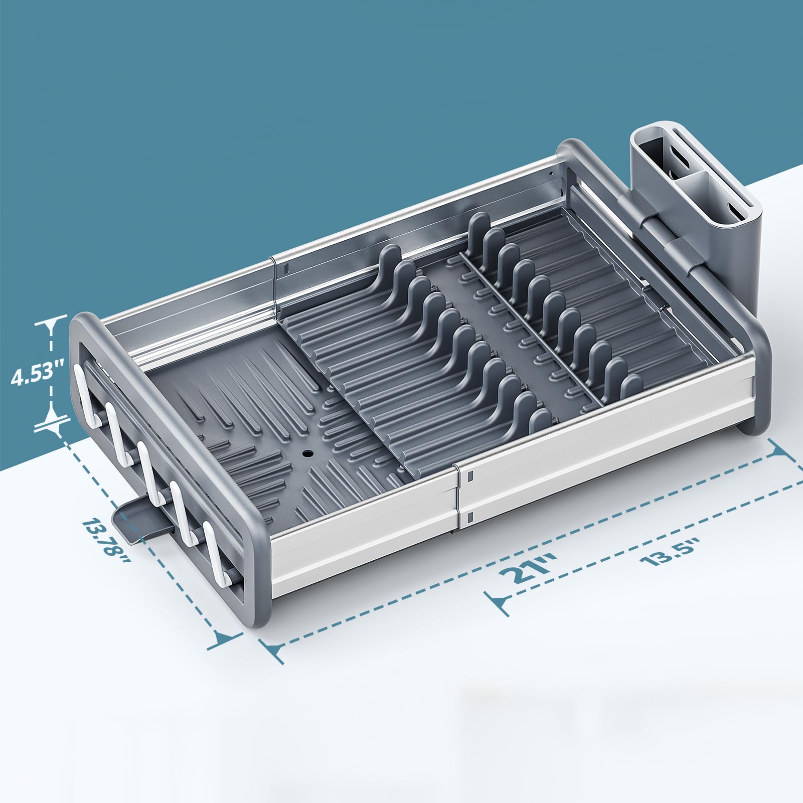 Dish Drying Rack, Expandable Dish Racks for Kitchen Counter, Large Sink Dish Strainer, Multifunctional Space-saving Drainage Dish Rack with Cutlery and Cups Drying Holder, (13.5" to 21") L *13.78" W