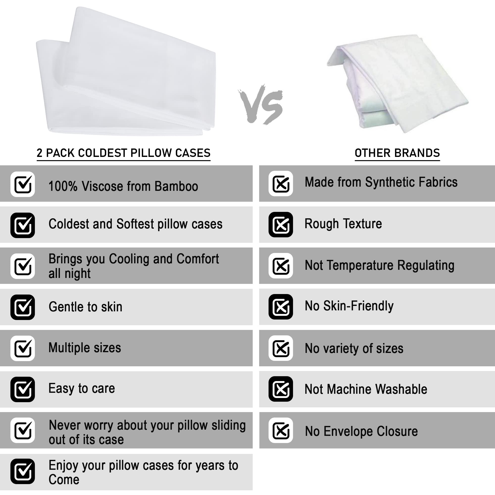 Coldest Pillow Cases Set of 2 - Pillowcase 2 Pack with Envelope Closure, Breathable Pillow Case - 100% Viscose Derived from Bamboo