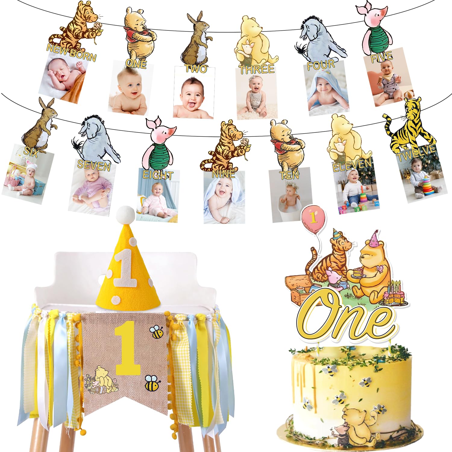 Classic Winnie 1st Birthday Party Decorations, Vintage Winnie First Birthday Photo Banner, First Birthday Hat, The Pooh High Chair Banner, Vintage The Pooh Cake Topper Party Supplies 1st Birthday