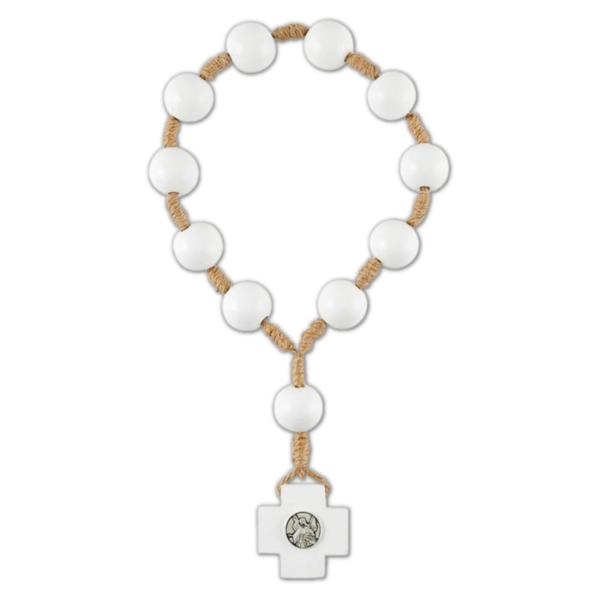 Guardian Angel Door Knob Rosary with Large White Beading, Religious Keepsake Prayer Beads, 12.5 inches