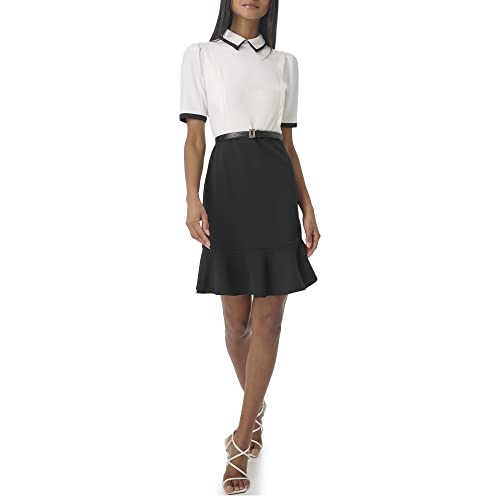 Karl Lagerfeld Paris Women's Belted Color Bloack Collared Dress, Soft White Black, 8