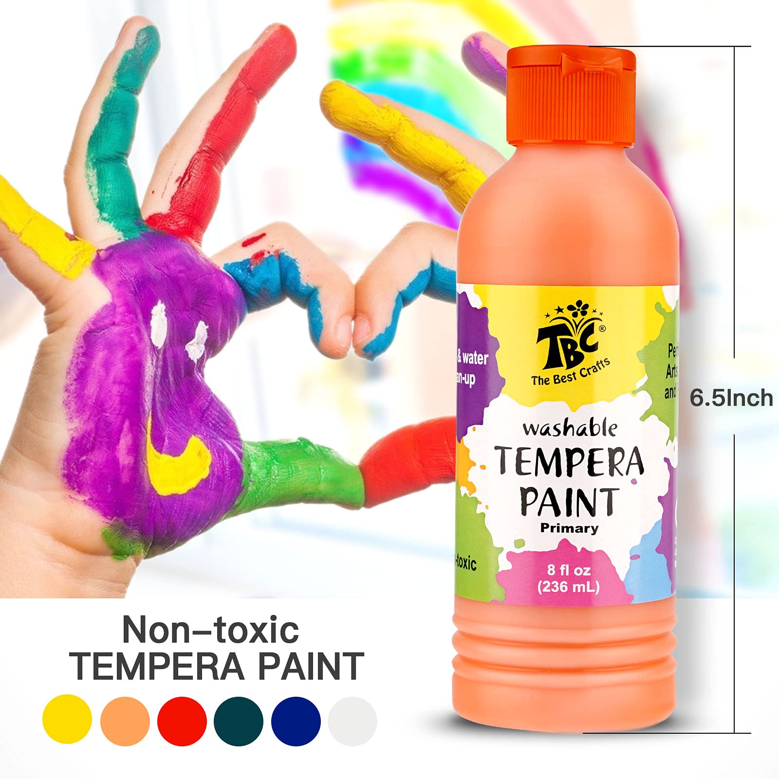 TBC The Best Crafts Washable Tempera Paint Set for Kids, 6 Vibrant Colors Large Volume (8 fl oz./236ml), Non-Toxic Craft Painting Supplies for DIY Projects, Tempera and Posters, Finger Painting