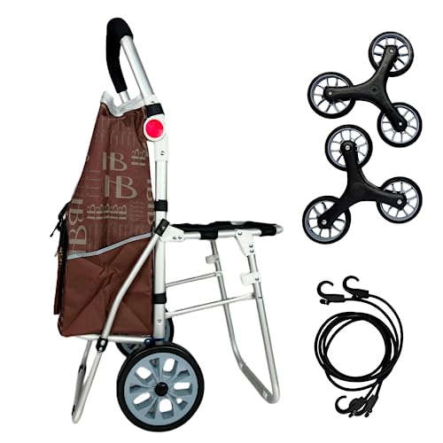 JFYOW Ultimate Adjustable Seat Back Shopping Cart with Stool - Durable Stainless Steel Frame, Nylon Storage Bag, Climbing Wheels, and Secure Cargo Straps.