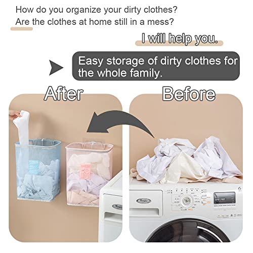 Hanging Laundry Hamper,Laundry Basket,Collapsible Clothes Hamper, Removable and Washable Bag, Metal Wire Frame ,Self-Adhesive ,For Bathroom Space Saving (Gray)