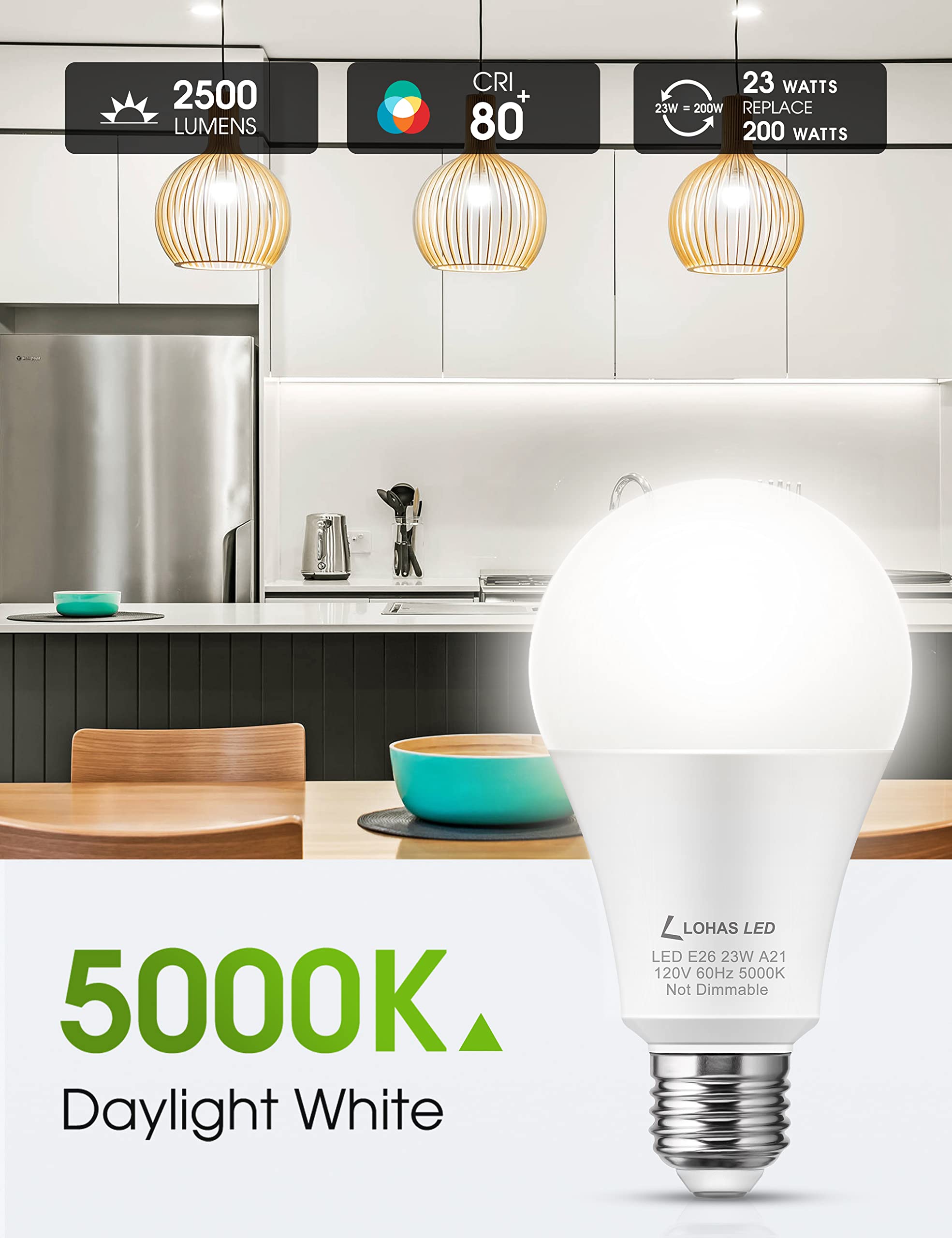 LOHAS Super Bright White LED Light Bulb, A21 23W(150-200Watt Equivalent), 2500 High Lumen, 5000K Daylight White, Garage Light Bulbs, E26 Porch Light Bulb, Non-Dim, No Flicker for Home Lighting, 2-Pack