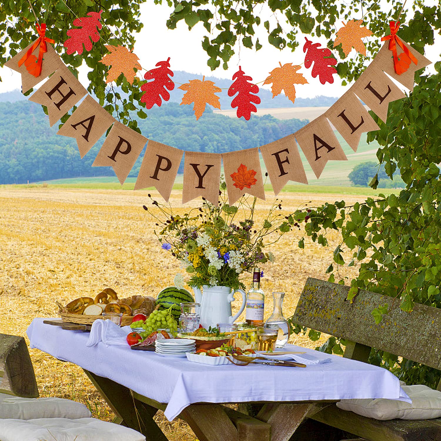 Happy Fall Burlap Banner, Fall Decor for Home, Banner Garland Maple Leaf Sign, Autumn Party Decorations Thanksgiving Fall Harvest Decor for Mantle Fireplace Wall Wreath, Pumpkin Décor – 2PC