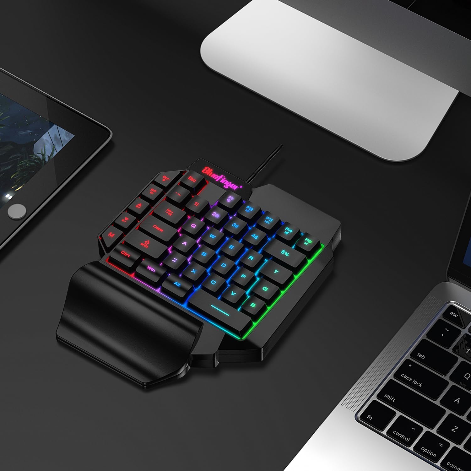 BlueFinger RGB One Hand Mechanical Gaming Keyboard and Backlit Mouse Combo,USB Wired Rainbow Letters Glow Single Hand Mechanical Keyboard with Wrist Rest Support, Gaming Keyboard Set for Game
