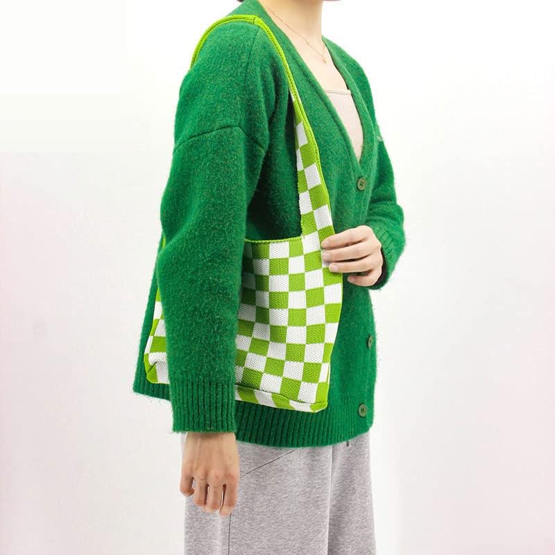 Checkered Tote Bag, Stylish Knitted Tote Bag with Chessboard Pattern, Shoulder Bag for Women (black brown)