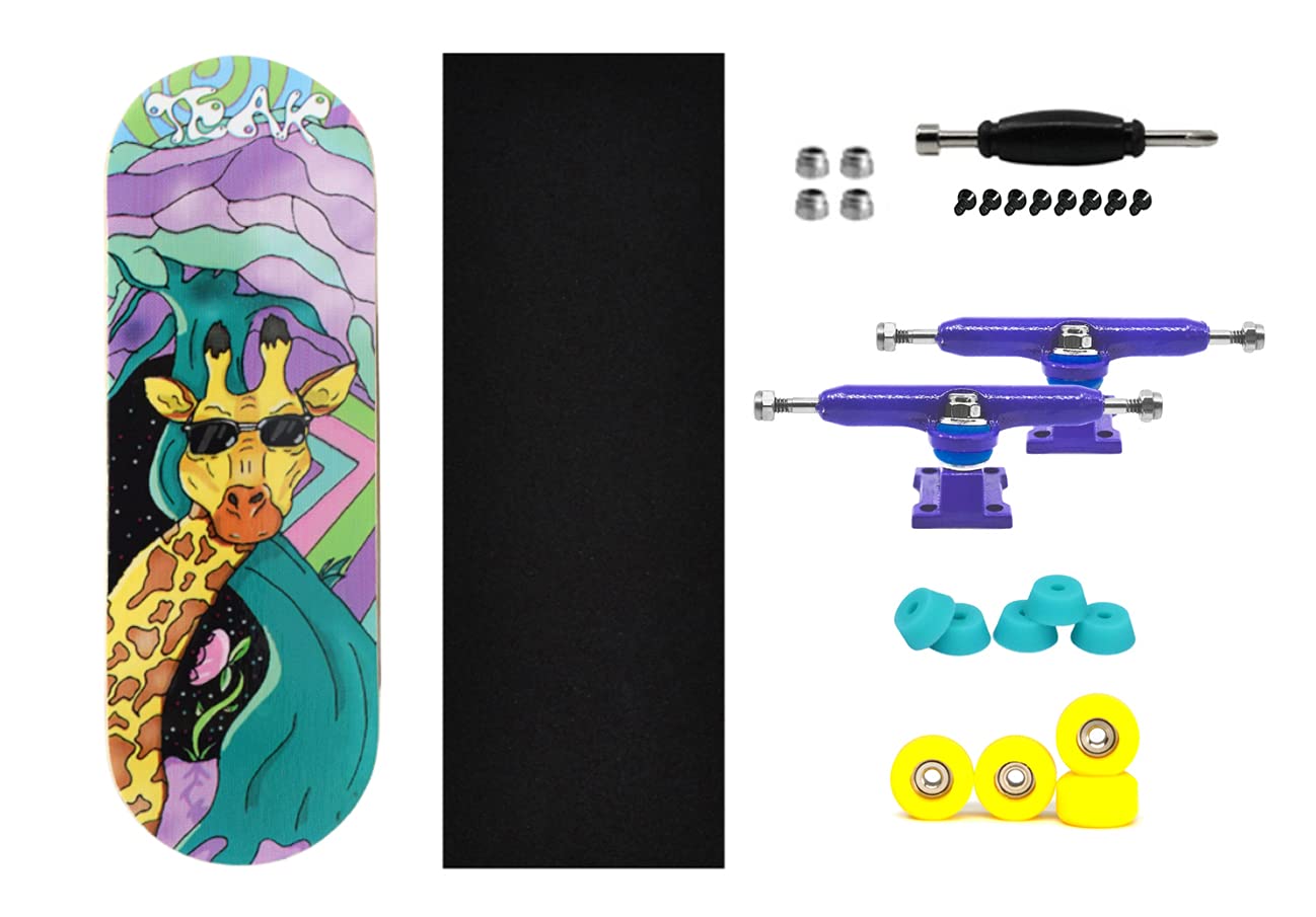 Teak Tuning 32mm Pro Fingerboard Heat Transfer Graphic Complete - Fully Assembled with Pro Level Parts - Pro Shaped Wood Deck (34x97mm), UltraSpin Wheels, Prodigy Trucks - Graffiti Giraffe