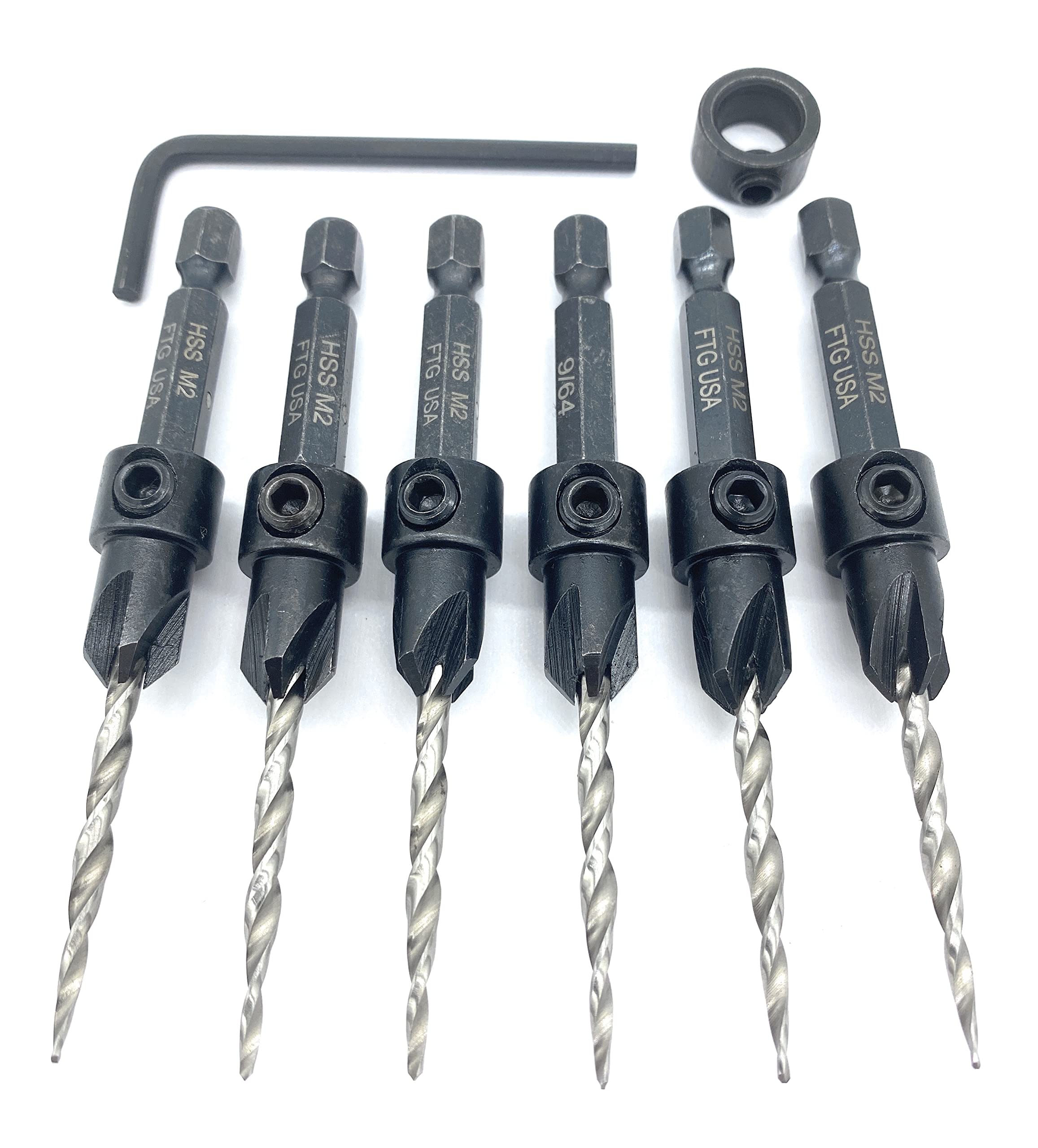FTG USA Countersink Drill Bit Set 6 Pc #6 (9/64") Wood Countersink Drill Bit Pro Pack Countersink Set, with 3 Replacement Tapered Countersink Bit #6(9/64"), 1 Stop Collar, Hex Wrench