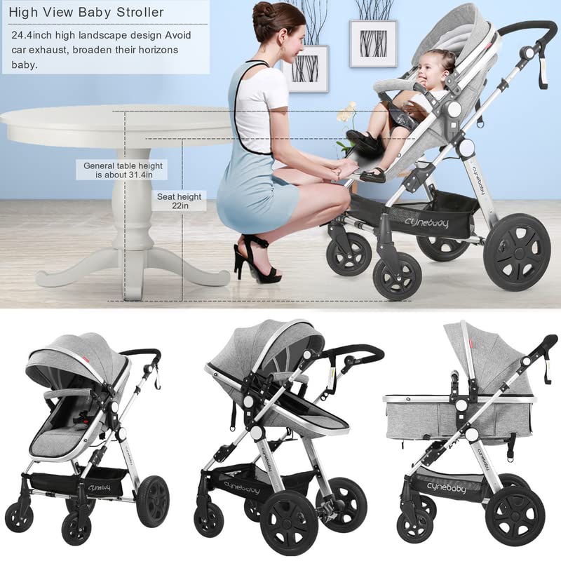 Cynebaby Baby Stroller, Convertible Bassinet Stroller for Newborn Infant Lightweight Pram Strollers with Snack Tray… (Gray)