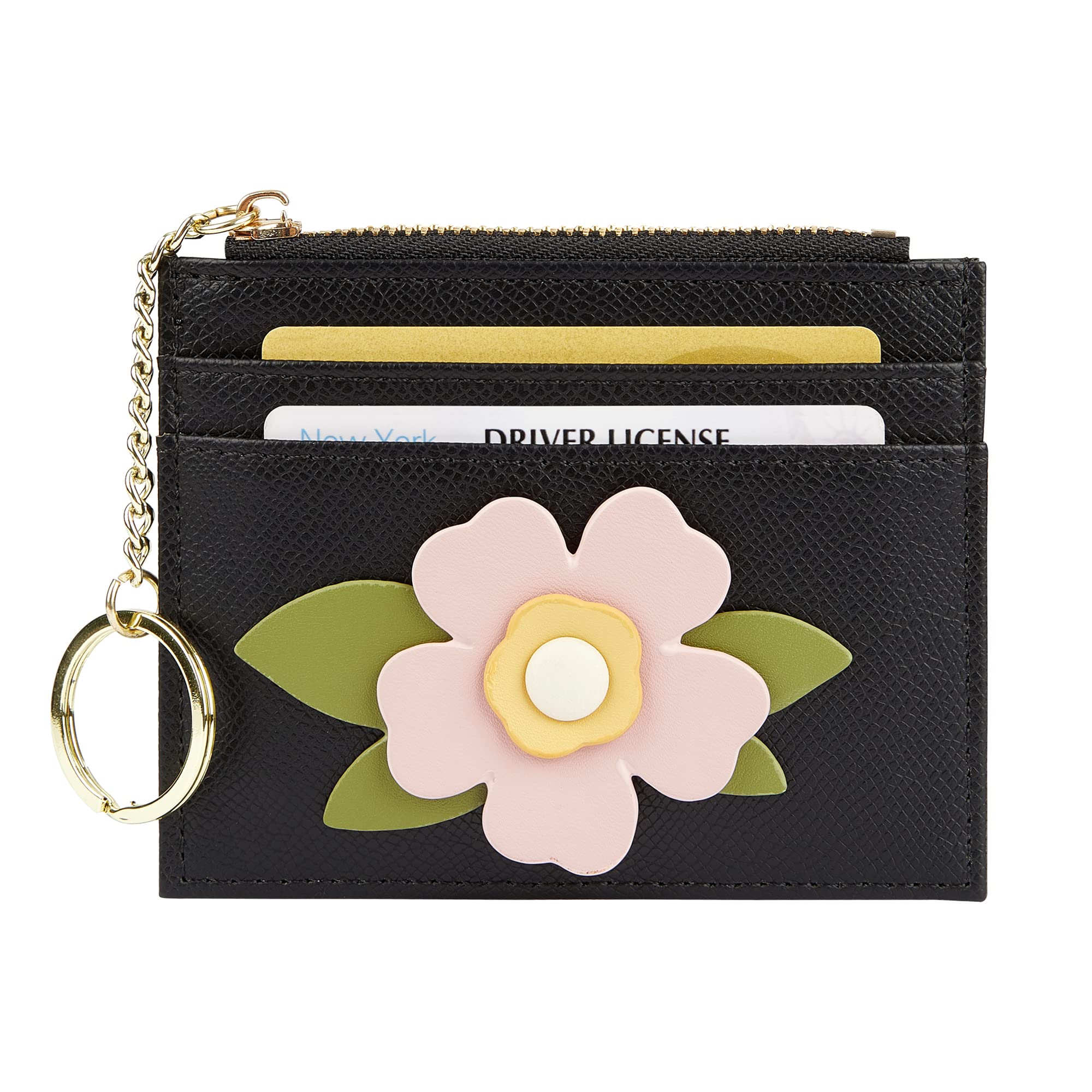 Cynure Women Cute Flower Zipper Card Holder Case Slim Minimalist Leather Front Pocket Wallet, pink