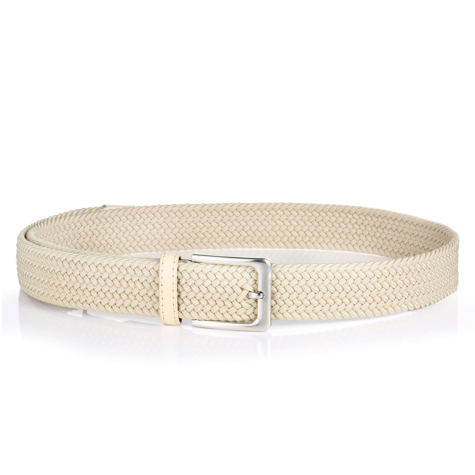BSLLNEK Elastic Braided Belt, 1 3/8", Woven Stretch Belt for Golf Casual Jeans Shorts Pants (Beige, Medium (33-36" Waist))