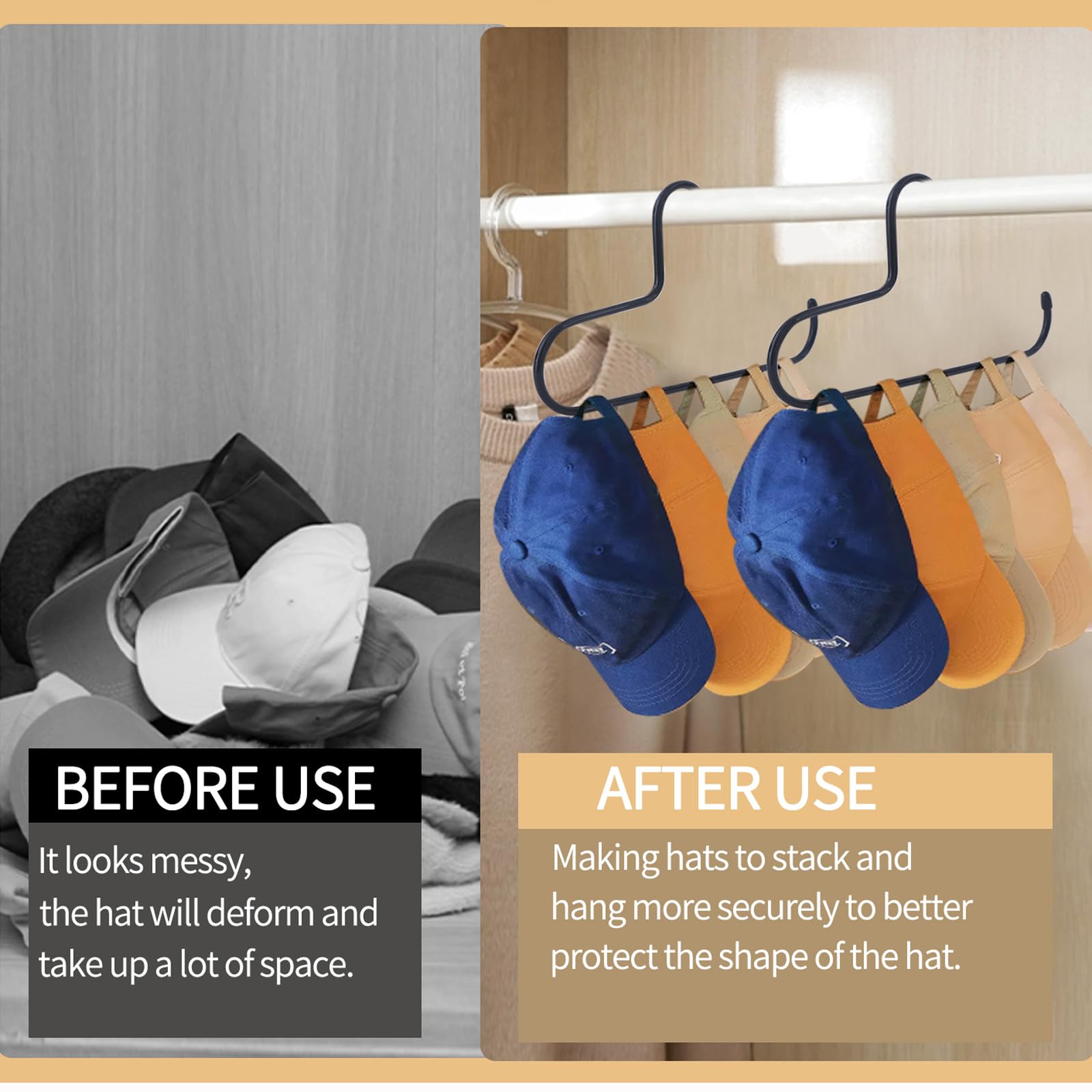 Hat Rack,Hat Organizer for Baseball Caps,2 Pack Metal Hat Holder for Closet,Baseball Cap Organizer Holds up to 20 Caps, Slip-Resistant Hat Hangers for Closet Storage