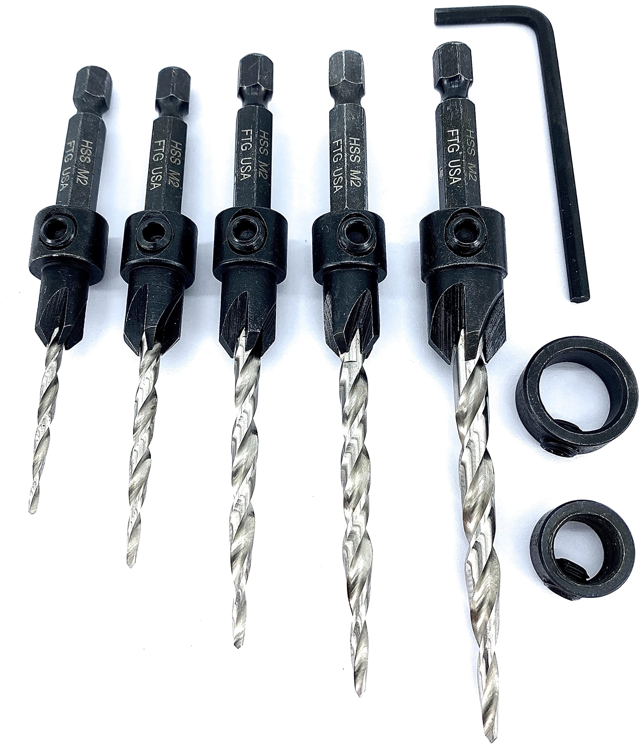 FTG USA Wood Countersink Drill Bit Set 5 Pc Countersink Drill Bit #4#6#8#10#12 Countersink Bit for Woodworking