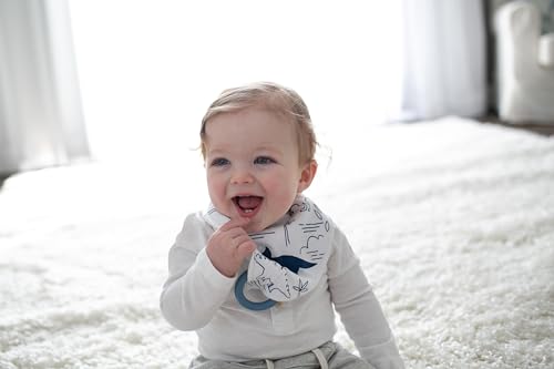 Dr. Brown’s Bandana Bib with Snap-On Removable Teether, Cotton Baby Bib with Soft Fleece Lining for Teething & Drooling, 3m+, 2-Pack, Dinosaur & Blue Drops