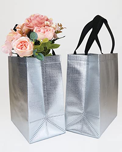 HUANN 6 Pcs Silver Gift Bags Medium Size Shine Reusable Gift Bags with Handles Metallic Glossy Non Woven Gift Bags for Wedding Christmas Party Birthday 8 x 5 x 10 Inch
