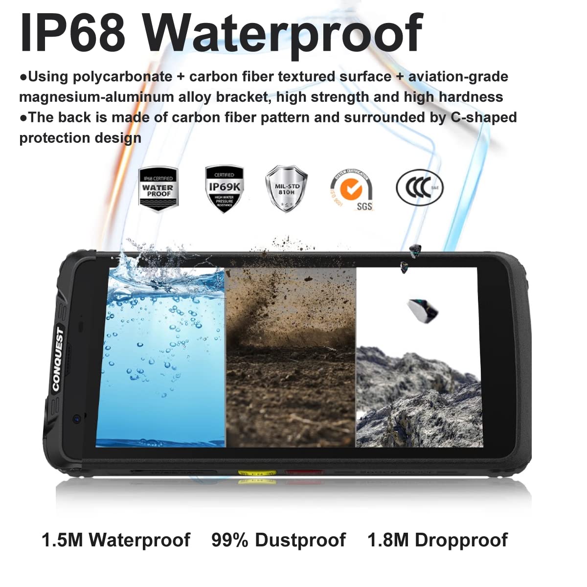 Conquest F5 Unlocked Rugged Smartphone, Android 12 LTD Cell Phone, with PTT Button, 8000mAh Battery 5.5'' HD+, 48MP+8MP+13MP Cam IP68 (6+128GB Standard)