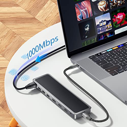 𝐄𝐒𝐒𝐀𝐆𝐄𝐑 USB C Hub, 12 in 1 USB-C Laptop Docking Station, Triple Display Type C Adapter Compatible for MacBook and Windows USB C Labtop(2HDMI DP PD3.0 SD TF Reader Ethernet 4USB 3.5mm Ports)