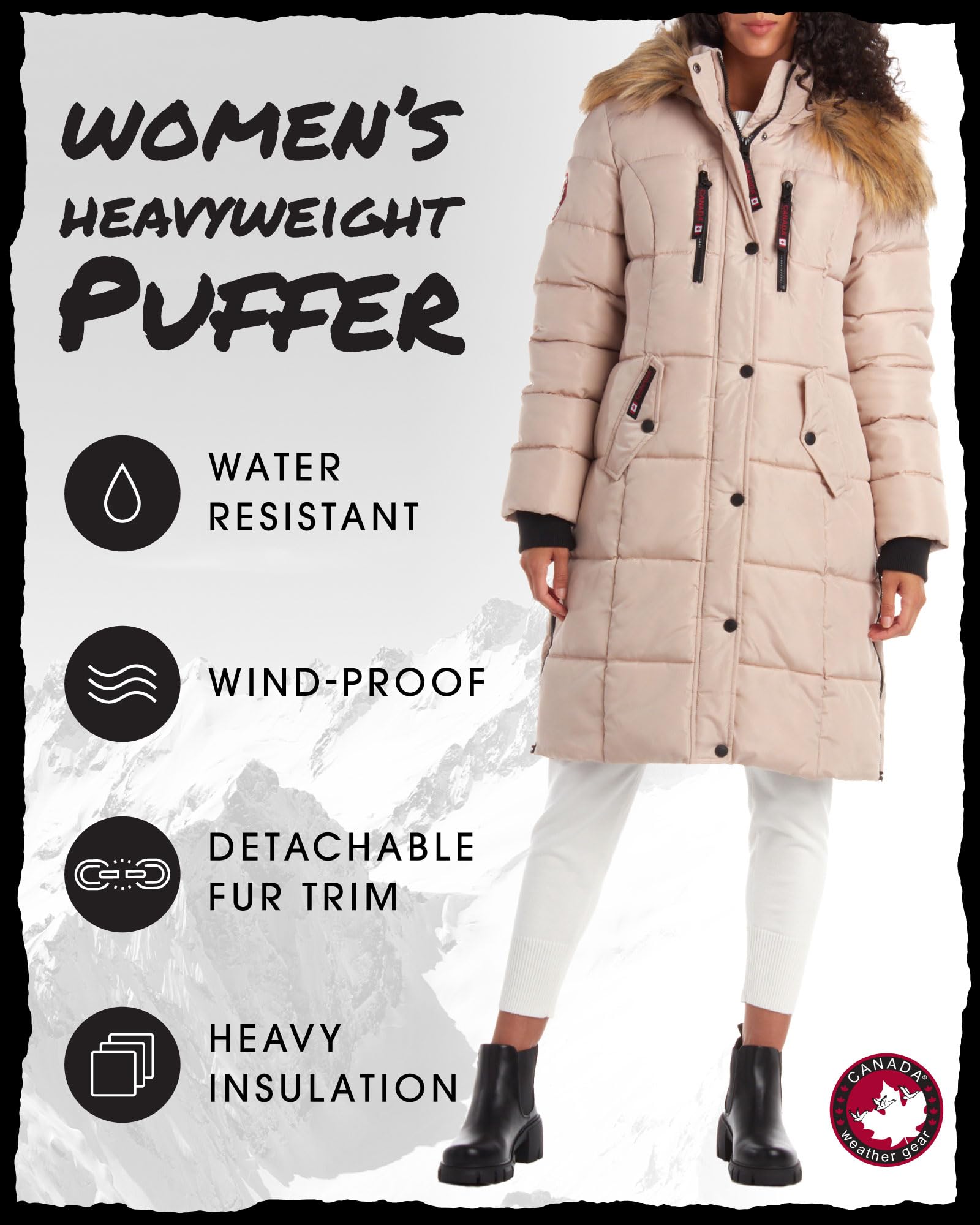 CANADA WEATHER GEAR Women's Winter Jacket - Heavyweight Long Length Bubble Puffer Parka (S-XL), Size Medium, Sand/Natural