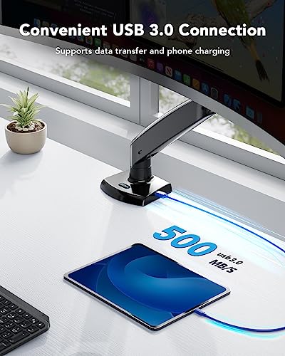 HUANUO Gas Spring Single Monitor Stand, Ultrawide Vesa Mount with Clamp and Grommet Base for 13 to 35 LCD Computer Screen, Upgraded Desk Arm with USB, Holds 4.4 to 26.4 lbs
