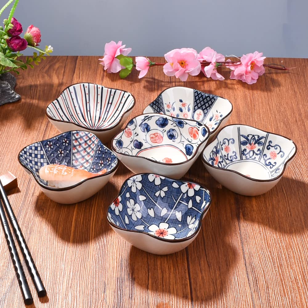 BOSILI Sauce Bowl Set of 6-4 OZ Sauce Plate, 6 Different Pattern Dipping Bowls/Dish, Mini Small Bowls for Soy Sauce, Ketchup, Condiments, Salad Dressing, Spices