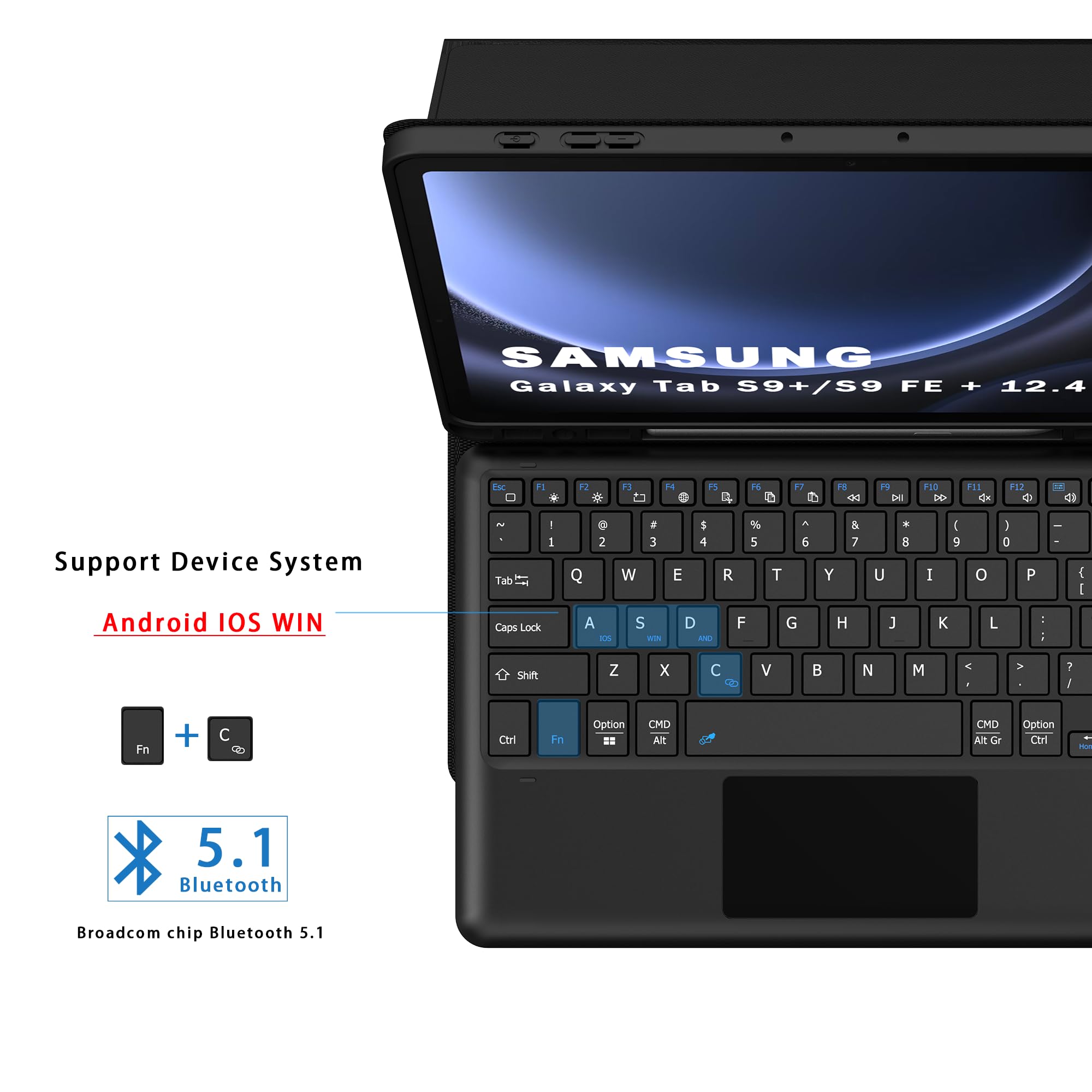 DOMEUN Galaxy Tab S7 FE/S7 Plus/S8 Plus Case with Keyboard 12.4 inch - 7 Color Backlit Detachable Wireless Touchpad Keyboard Cases with S Pen Holder for Samsung Tab S8+ 2022/S7 FE 2021/S7+ 2020