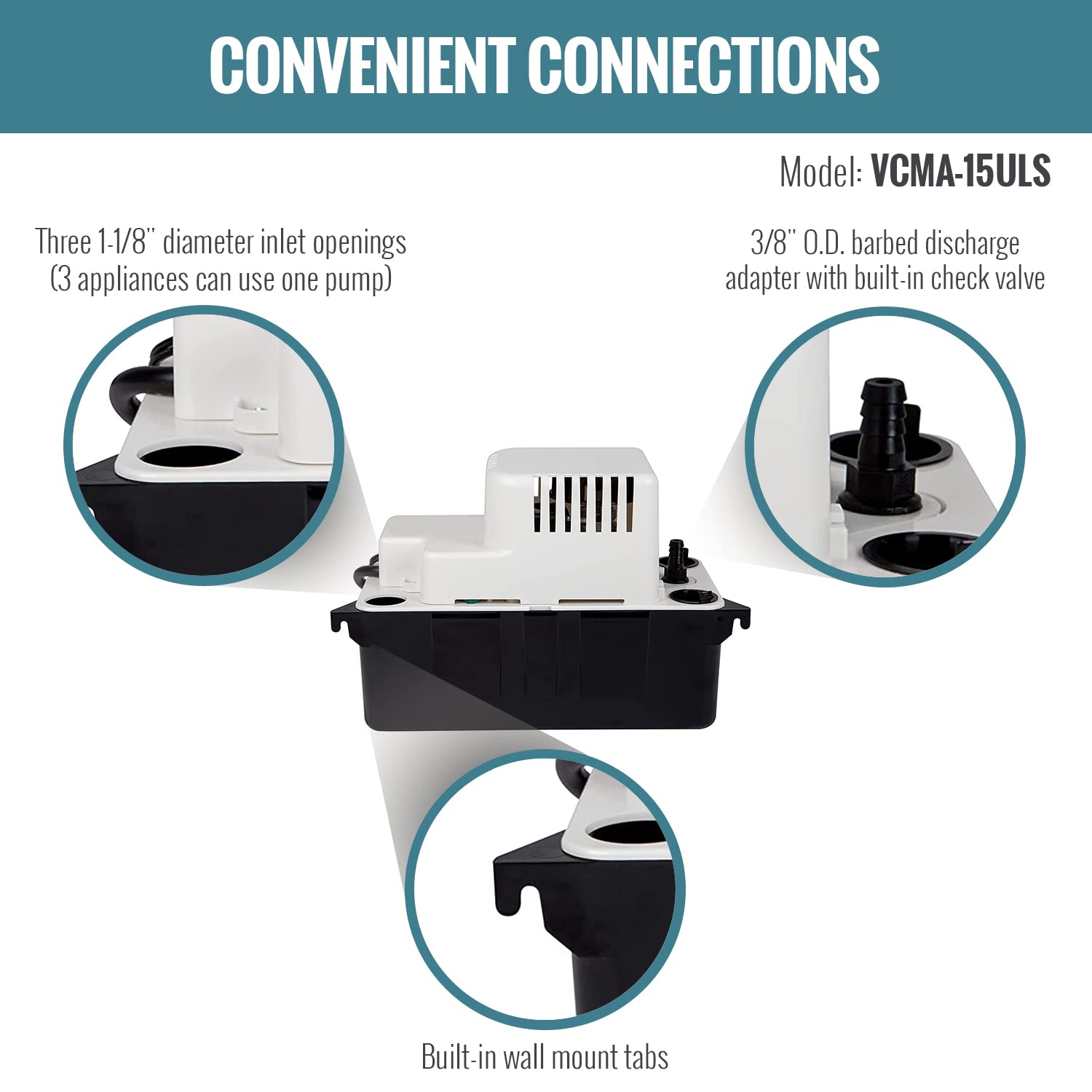 Little Giant VCMA-15ULS 115 Volt, 65 GPH, 1/50 HP Automatic Condensate Removal Pump with Safety Switch, White/Black, 554405