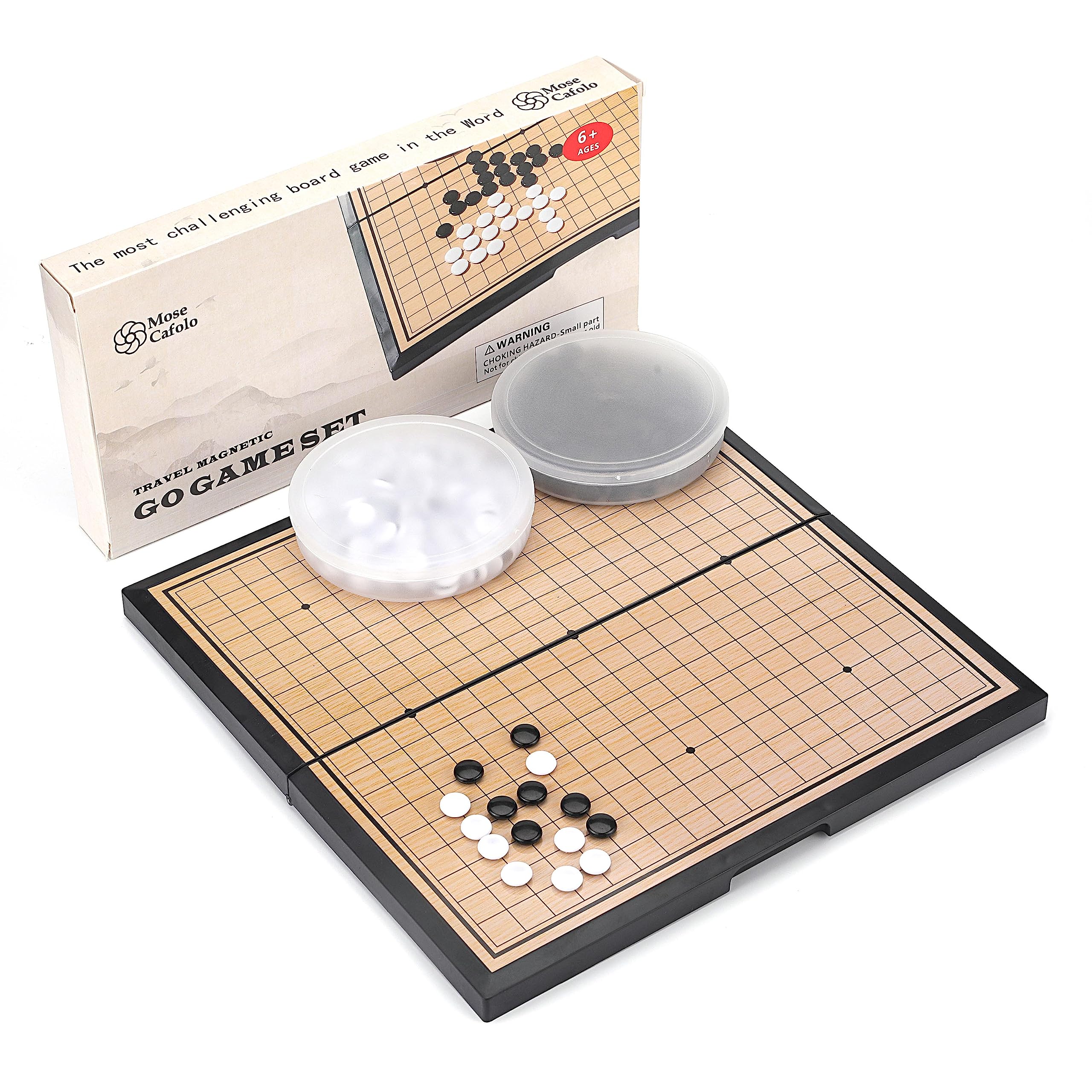 Mose Cafolo Magnetic 19x19 Go Game Set with Single Convex Magnetic Stones 11 Inches Go Board Folding, Portable & Travel-Size Set English Instruction is Included