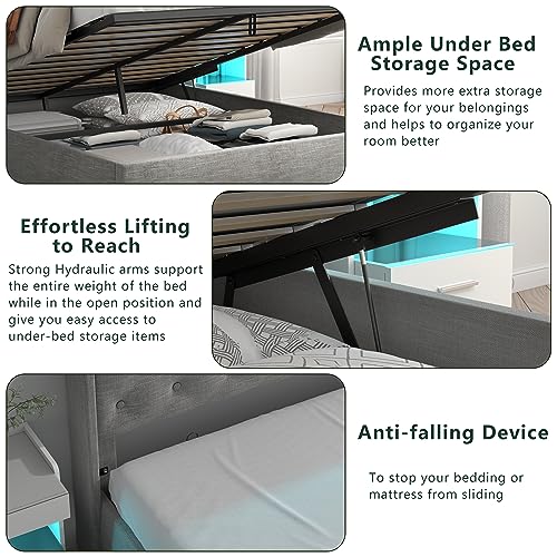Loomie Queen Lift Up Bed Frame with Charging Station & LED Lights, Upholstered Bed with Button Tufted Wingback Storage Headboard, Hydraulic Storage, No Box Spring Needed, Wood Slats Support,Light Grey