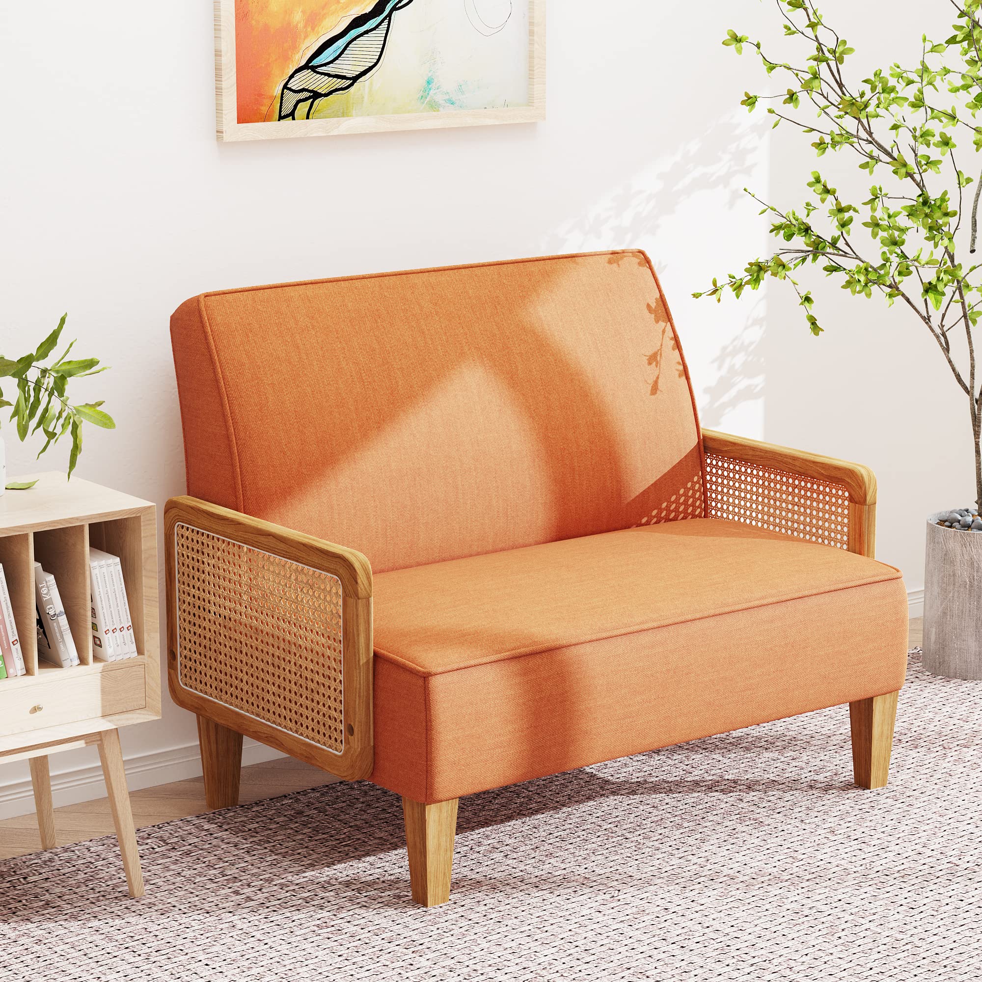 WENTMENT Loveseat Sofa Small Couch for Living Room Love Seat with Natural Rattan Armrest and Solid Wooden Legs Small Sofa for Small Space, Bedroom, Apartment(Orange)