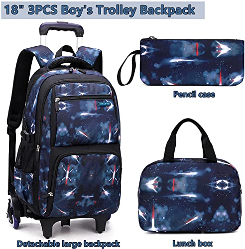 Egchescebo 18" School Kids Rolling Backpack for Adults With Wheels Trolley Wheeled Backpacks for Boys Students Travel Bags Adults With Lunch Box Pencil bag 3PCS Navy Blue
