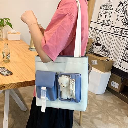 Kawaii Backpack 5Pcs School Backpack Aesthetic School Bag with BadgePlush Pendan Shoulder BagPencil BoxTote BagSmall Bag(blue rice)