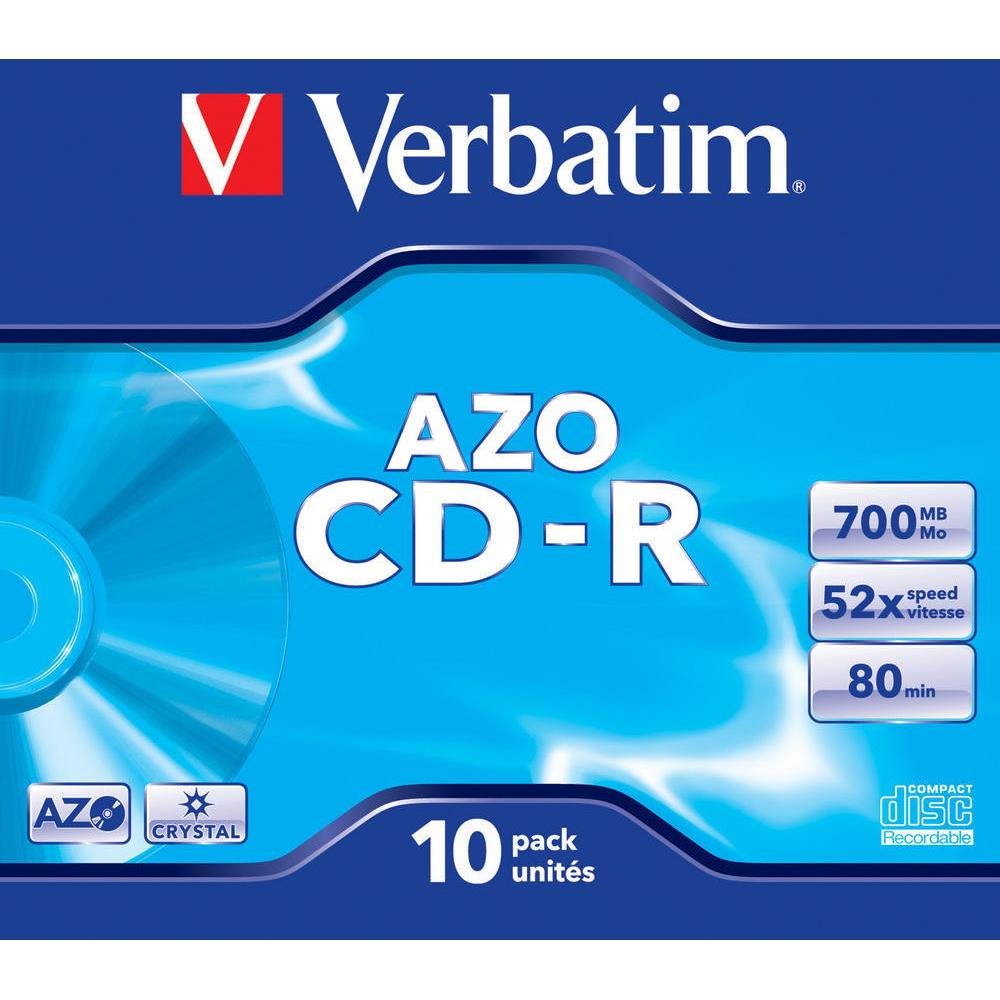 Verbatim CD-R AZO Crystal 700 MB, Pack of 10 Jewel Case, CD Blanks, 52x Burning Speed with Long Life, Blank CDs, Audio CD Blank, for Photos & Videos & Documents