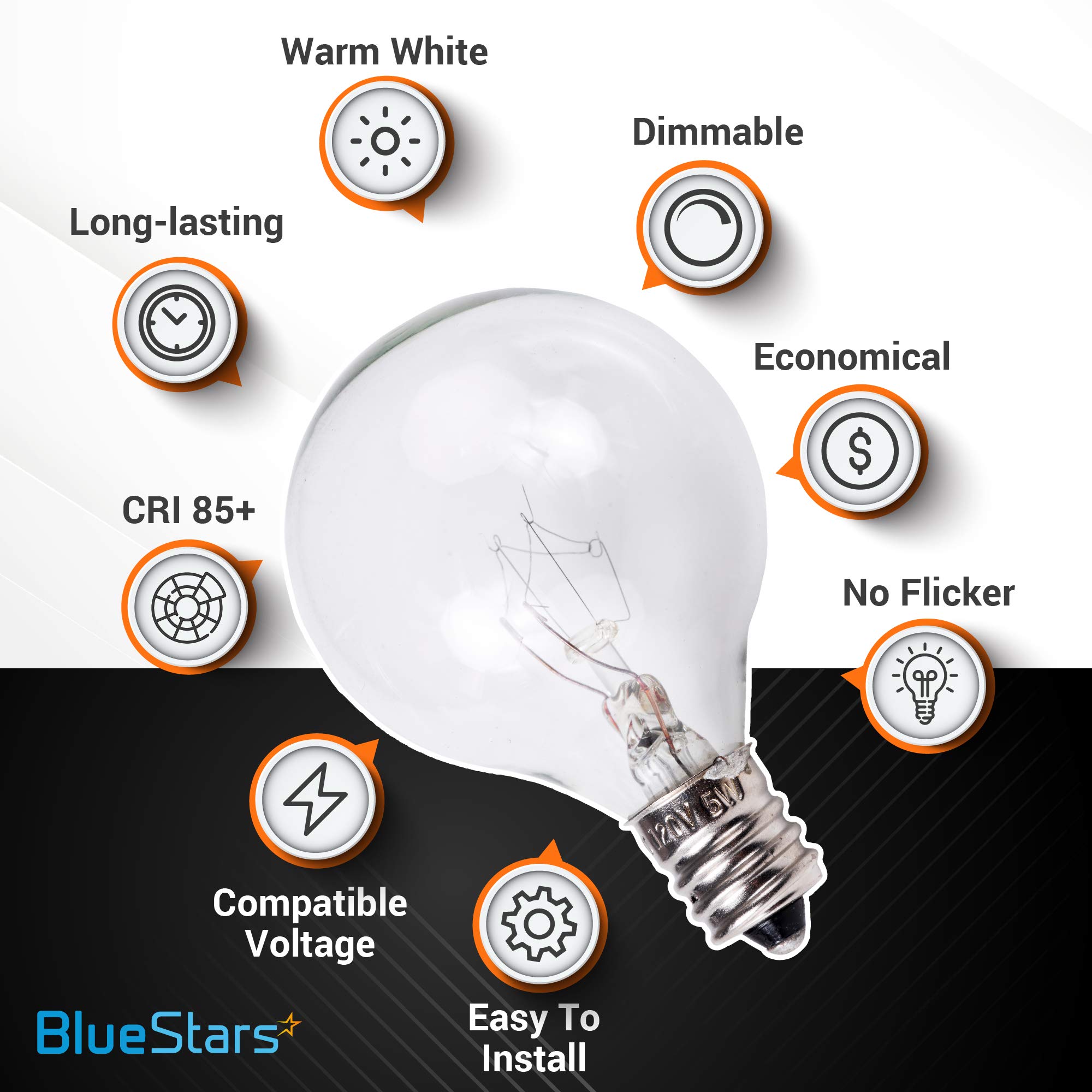 BlueStars E12 G40 Bulb 120V 5W Pack of 50 Replacement Bulb High Output Warm White Light Dimmable 2500K 25 lm for String Lights Screw Base Outdoor/Indoor