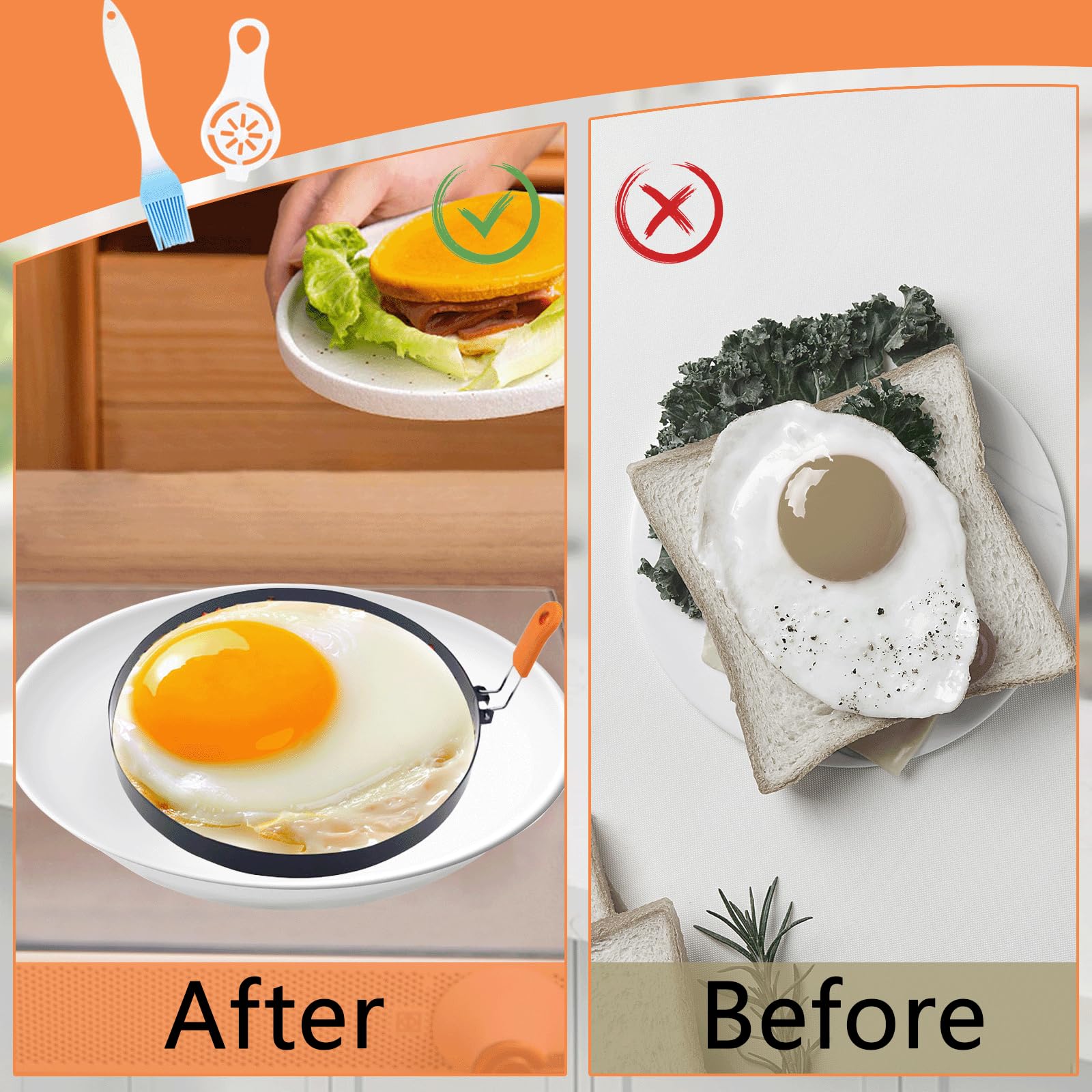 Egg Rings for Griddle, 4/6/8" Non-stick Omelet Ring, 3 Packs Round Pancake Ring Cooking Egg Molds, Stainless Steel Egg Cooking Rings with Insulated Handle Grill Oil Brush Egg Separator