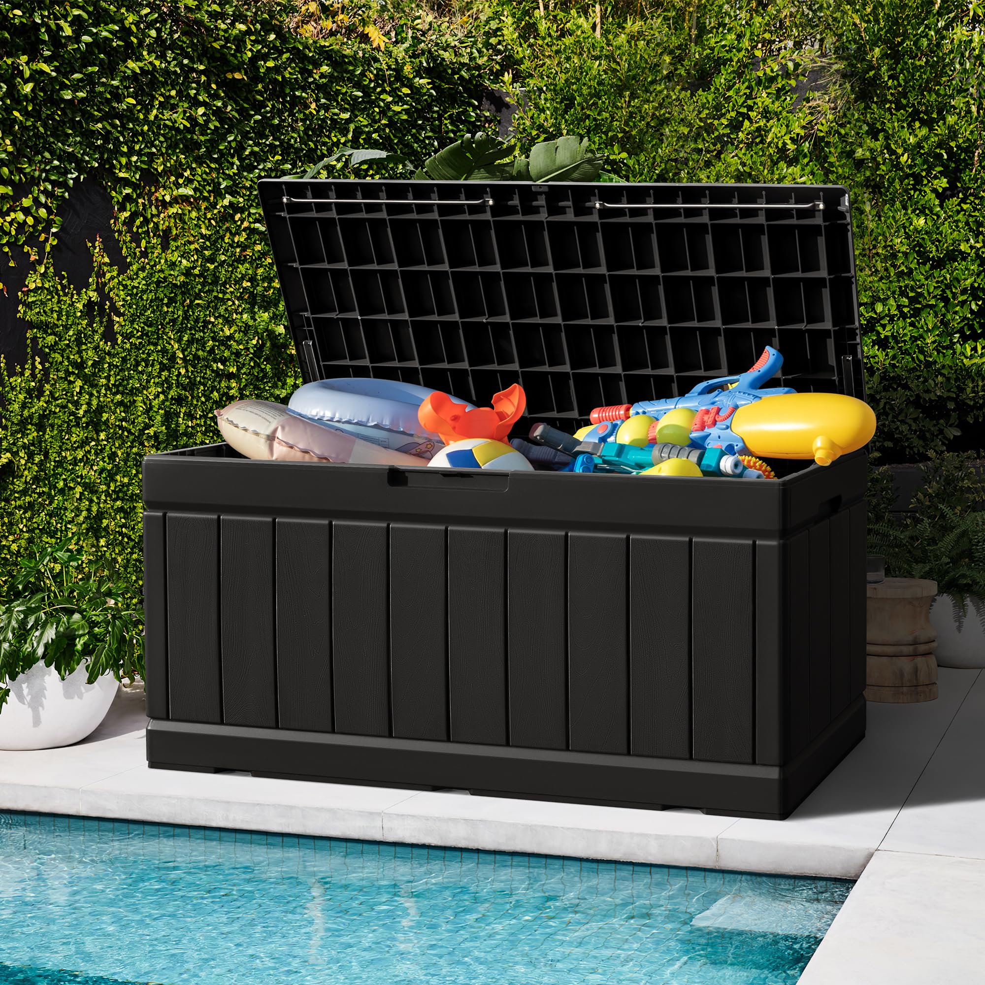 Greesum 82 Gallon Resin Deck Box Large Outdoor Storage for Patio Furniture, Garden Tools, Pool Supplies, Weatherproof and UV Resistant, Lockable, Black