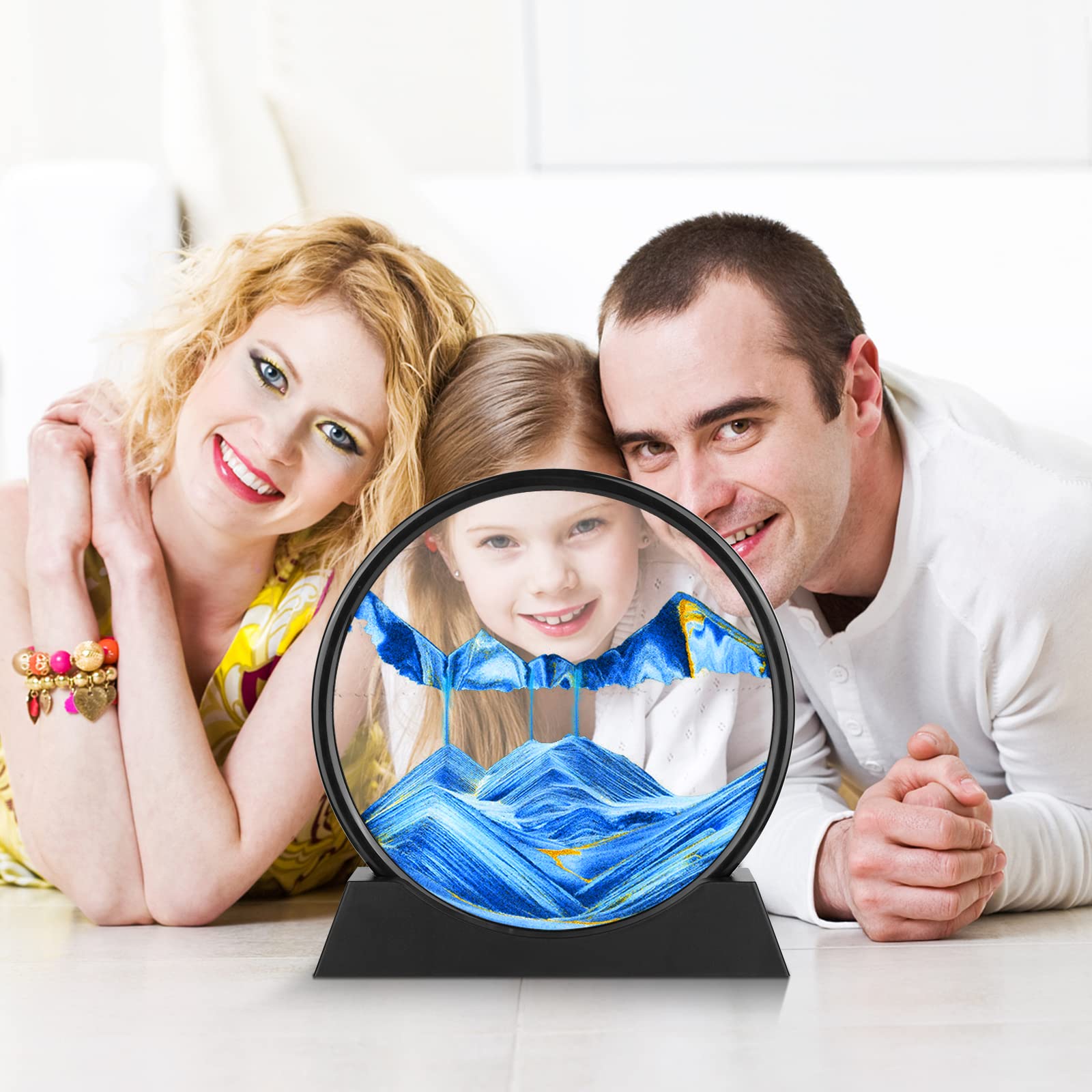 costand Moving Sand Art Picture with Round Glass, 3D Deep Sea Sandscape in Motion Display, Flowing Arc Frame Relaxing Desktop Home Office Work Decor, Room Decoration(7' Blue, 7''