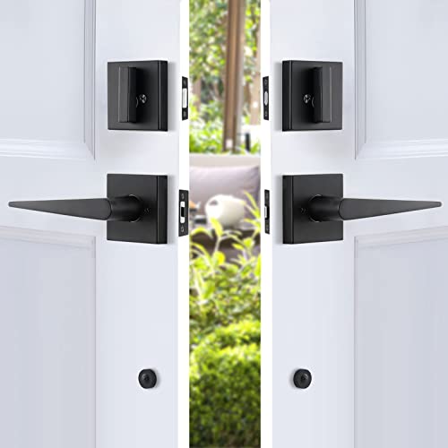 GUA OYH Double Front Door Handle Matte Black Double Door Lock Keyed Dummy Door Lock Set with Handle Lever for Front Door or Office Door (L361516-B-S118)