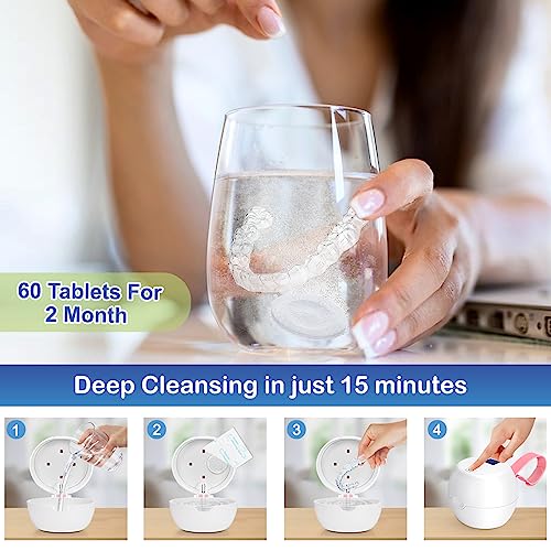 JSENA Denture Cleaning Tablets+UV Retainer Case Double Sterilization,Efficient Retainer Cleaning Tablets-60 Tabs,Collocation UVC Disinfectant Aligner Case, Clean Mouth Guard, Night Guard in 15 Minutes