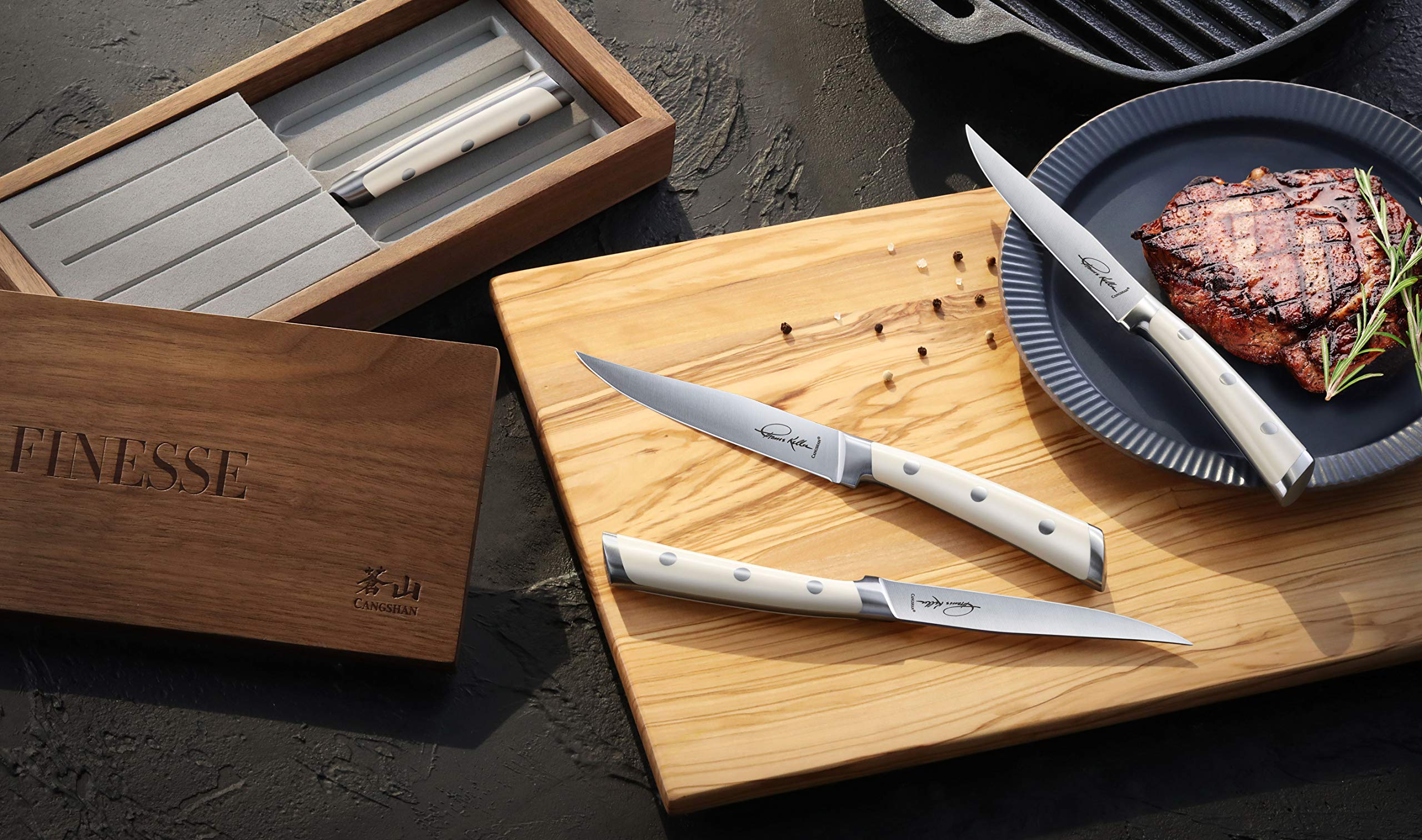 Cangshan | Thomas Keller Signature Collection 4-Piece Forged Straight Edge Steak Knife, Walnut Box