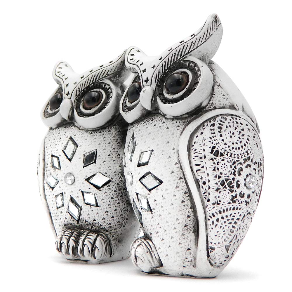 Rockin Owl Figurine Couple Set Cute Statue, Unique 2 White Owls Together - Nice Decoration for Home Office, White/Black