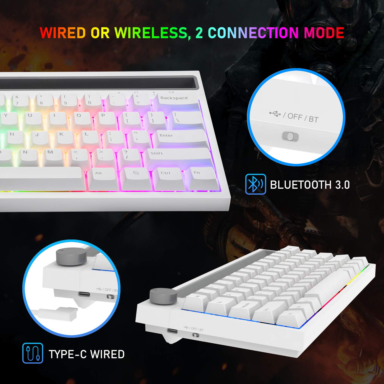 Bluetooth Mechanical Gaming Keyboard with 19 RGB Backlight Mini 61 Key Multimedia Knob Rechargeable 4400mAh Battery Type C Wired/Wireless for PC Mac Mobile Phone Gamer Typist (White/Pink Switch)