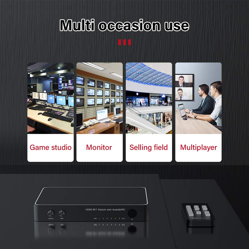 KLKE 4K HDMI Switch KLKE 6x1 Audio Extractor 6 Port HDMI Switcher Box with Remote HDMI Multi Ports Switch 6 in 1 Out Supports Optical Toslink 3.5mm Audio and ARC